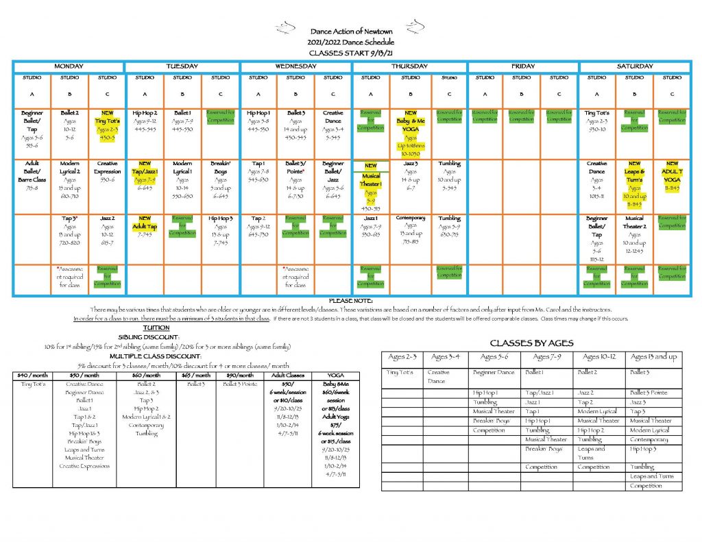 Dance Fall 2021 2022 SCHEDULE – Dance Action